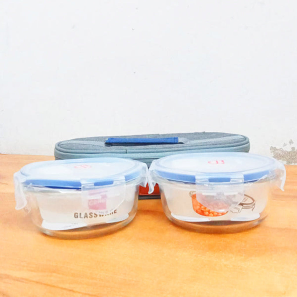AM5458 Cello Majesty Round Glass Lunch Box 400ml x 2 N with Horizontal ...