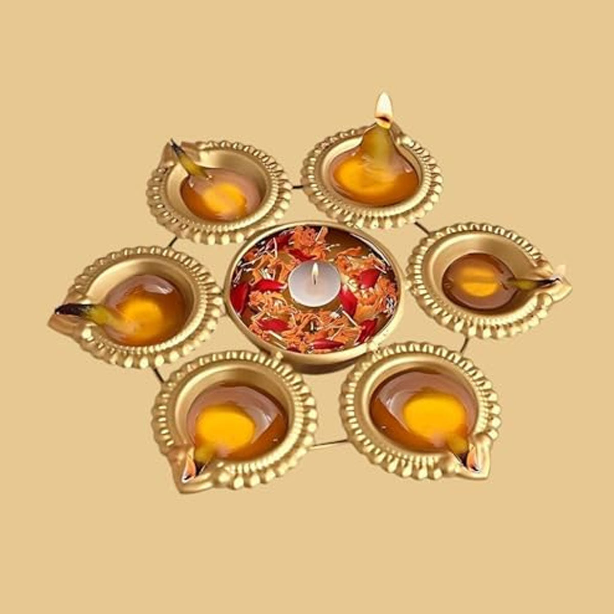 Di0320 Golden Decorative Diya Set – 6 Small Diyas with Central Holder ...