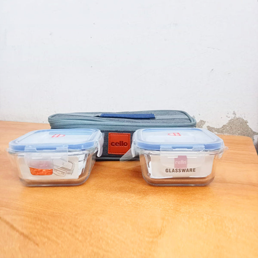 AM5456 Cello Majesty Square Glass Lunch Box 320ml x 2 N with Horizonta ...