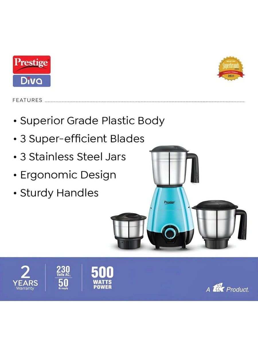 AM2273 Prestige Diva Mixer Grinder 500W, 3 stainless Steel Jars – Amd ...