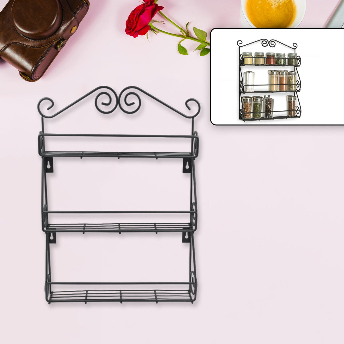 5857 Big Wall Mounted Iron Wall with 3 Storage Racks for Kitchen, Pant ...